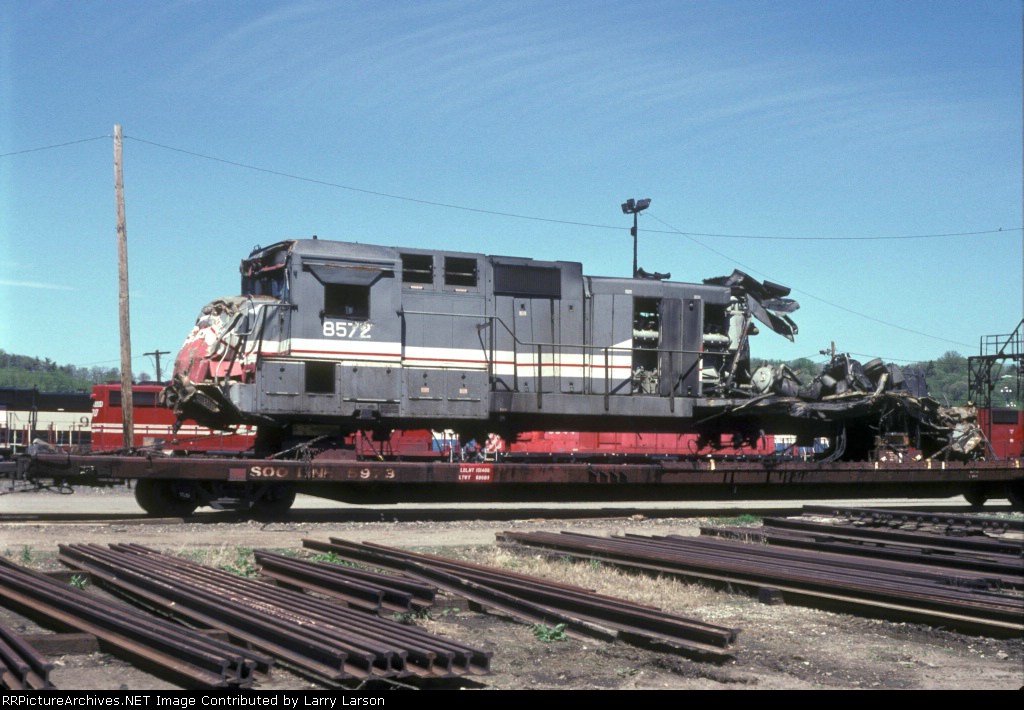 What is left of LMX 8572 after a runaway came down the hill into the SOO St. Paul Yard